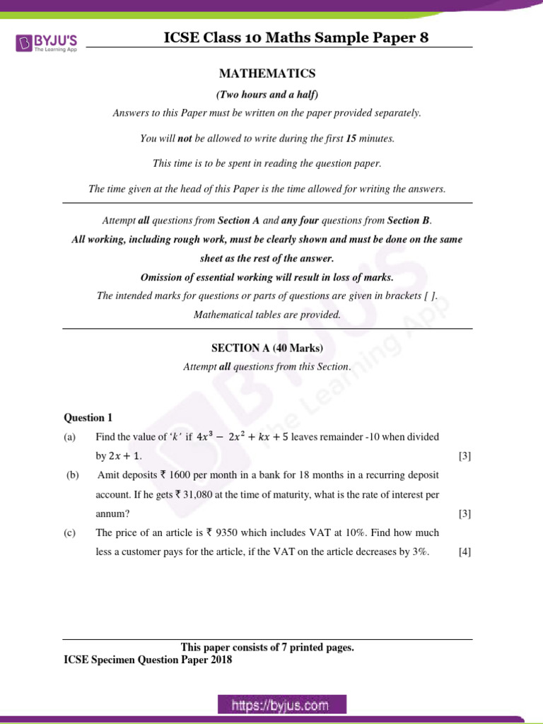 ICSE Class 10 Maths Specimen Paper 2018 | PDF | Circle | Euclidean Geometry