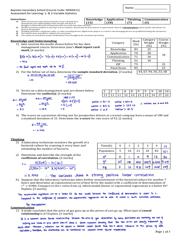 MDM4U Unit 3a Formation Quiz Solutions | PDF | Regression Analysis ...