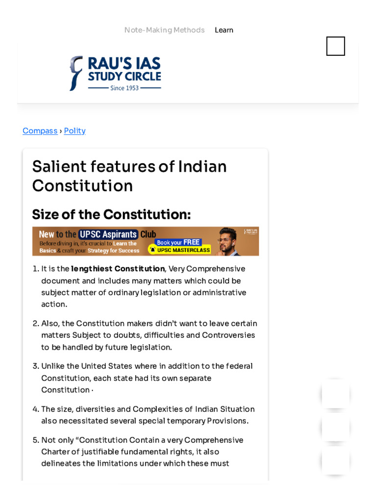 Salient Features of Indian Constitution - UPSC Polity Notes - Rau's IAS ...