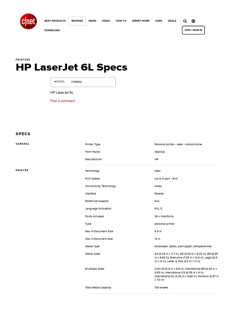 HP LaserJet 6L Specs - CNET | PDF | Printer (Computing) | Office Equipment