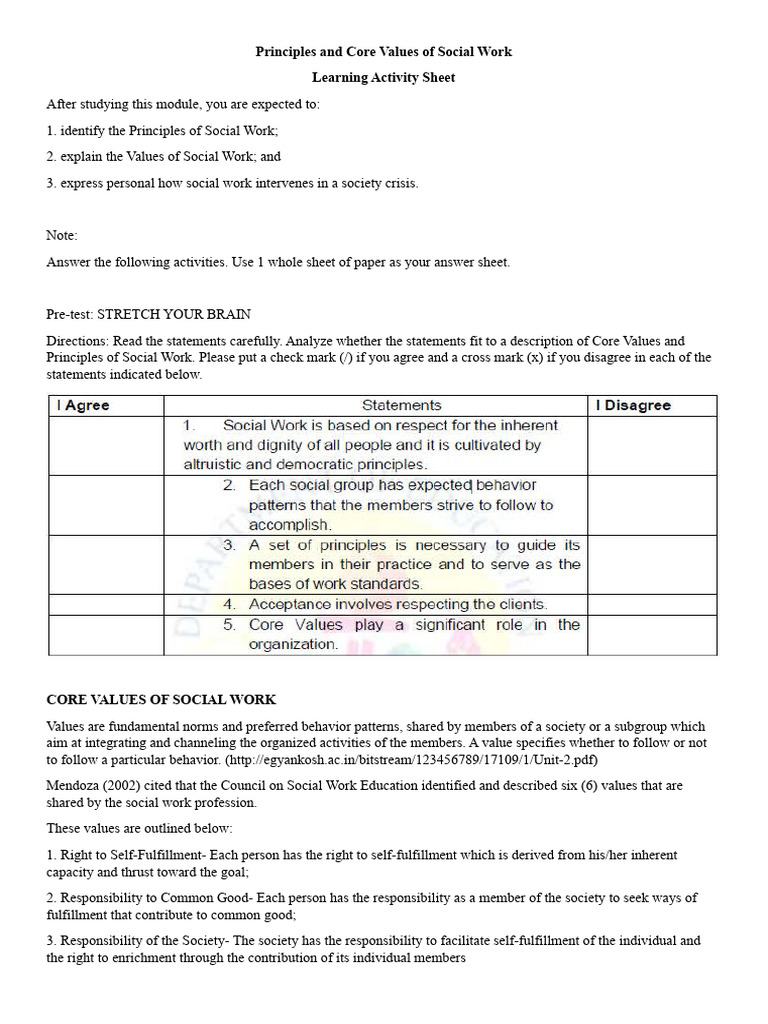 Principles and Core Values of Social Work LAS | PDF | Social Work ...