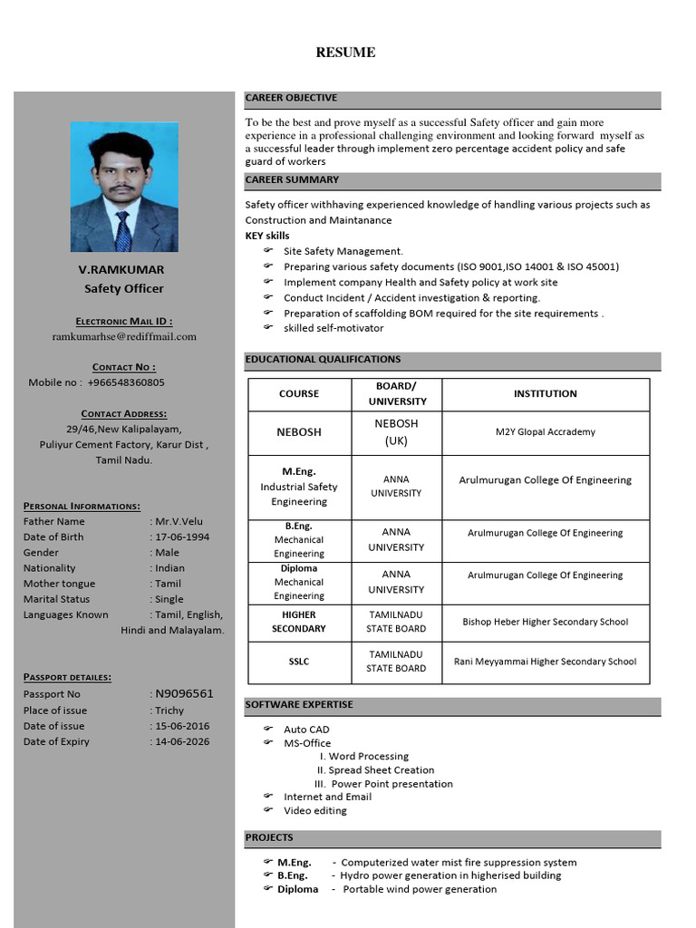 Ramkumar Resume | PDF | Safety | Occupational Safety And Health