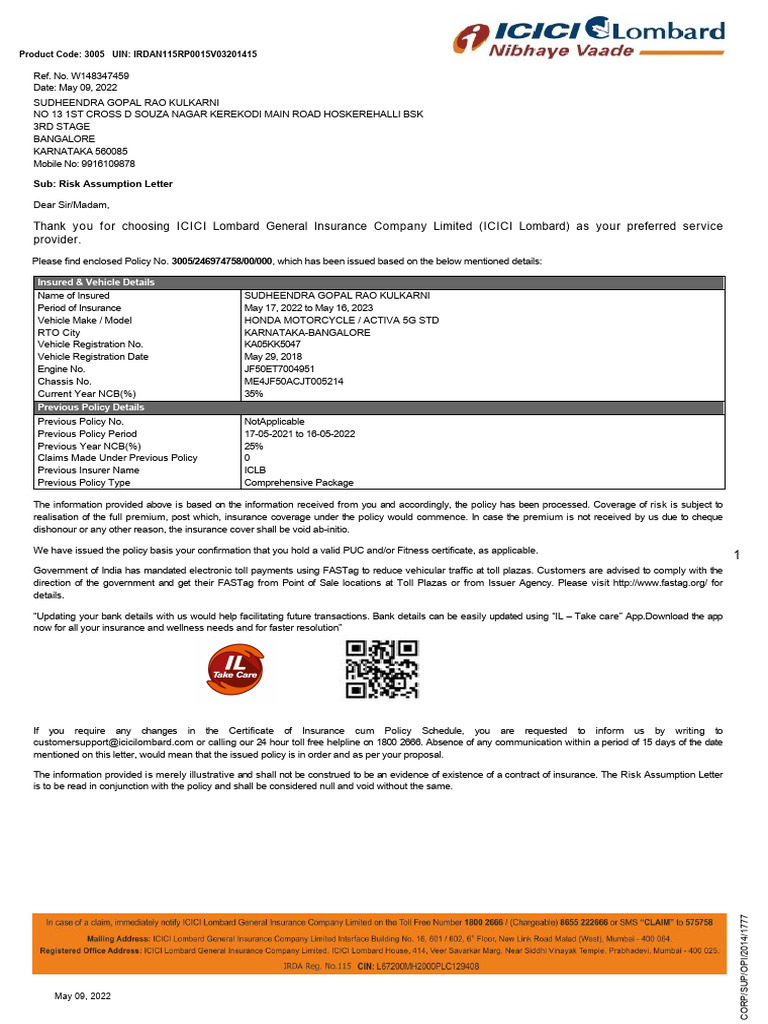 Honda Activa Insurance Upto 16-May-2023 | PDF | Insurance | Pro Rata