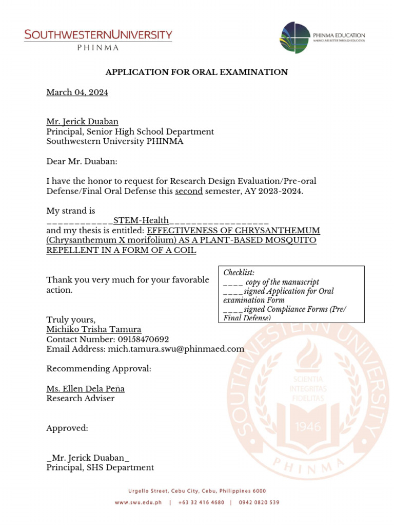 Application For Oral Examination and Compliance Form SWU SHS | Download Free PDF | Academia ...