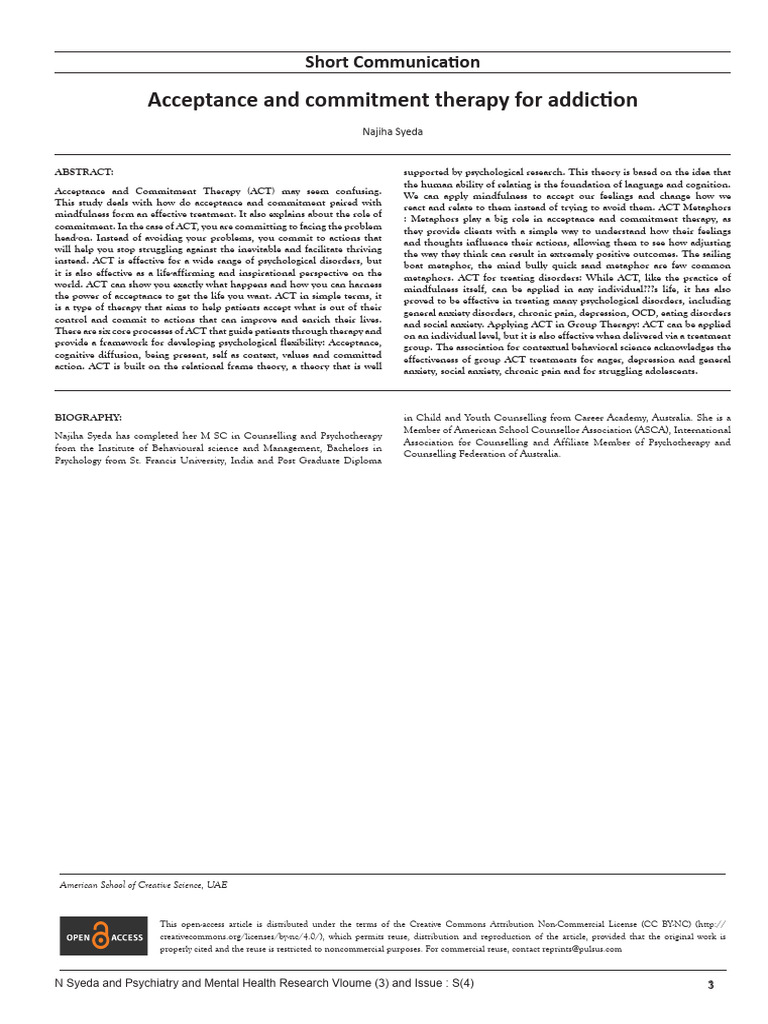 Acceptance and Commitment Therapy For Addiction | PDF | Psychotherapy | Mindfulness