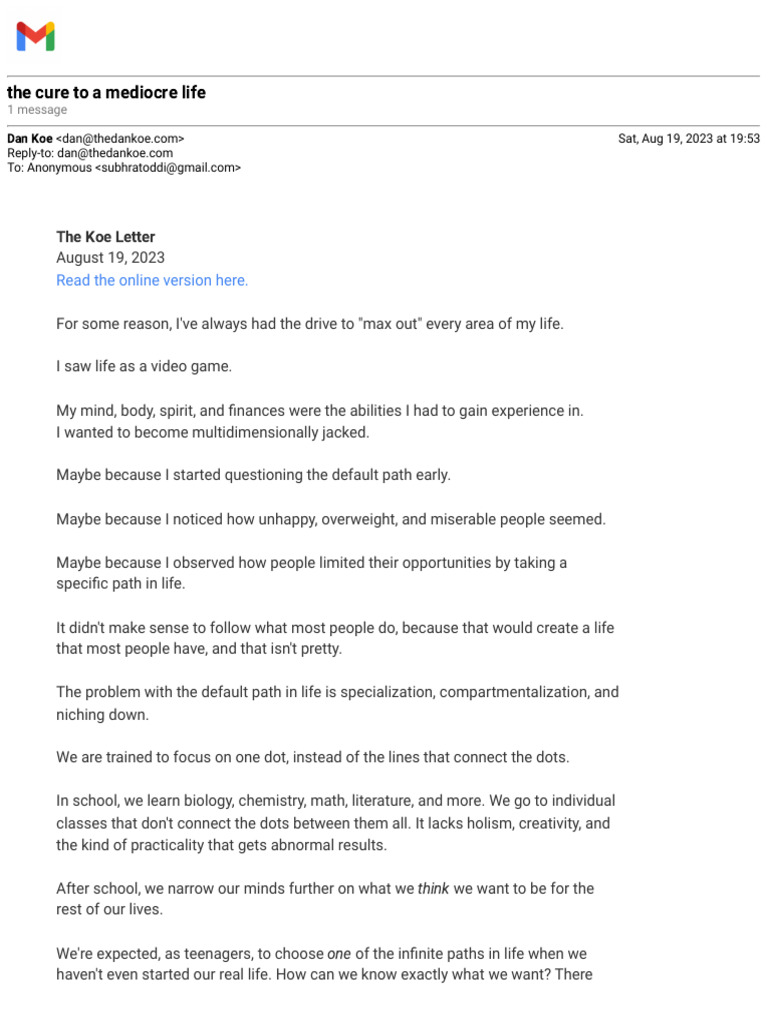 Gmail - The Cure To A Mediocre Life | PDF | Curiosity | Mind