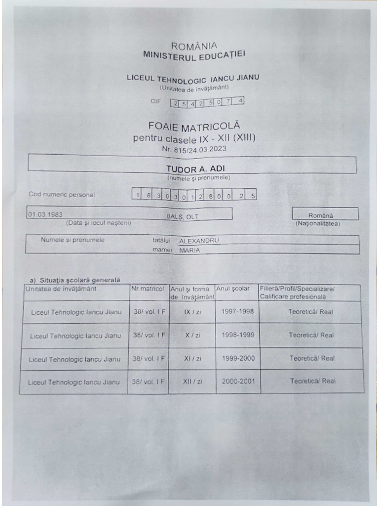 Tudor Adi - Foaie Matricola | PDF