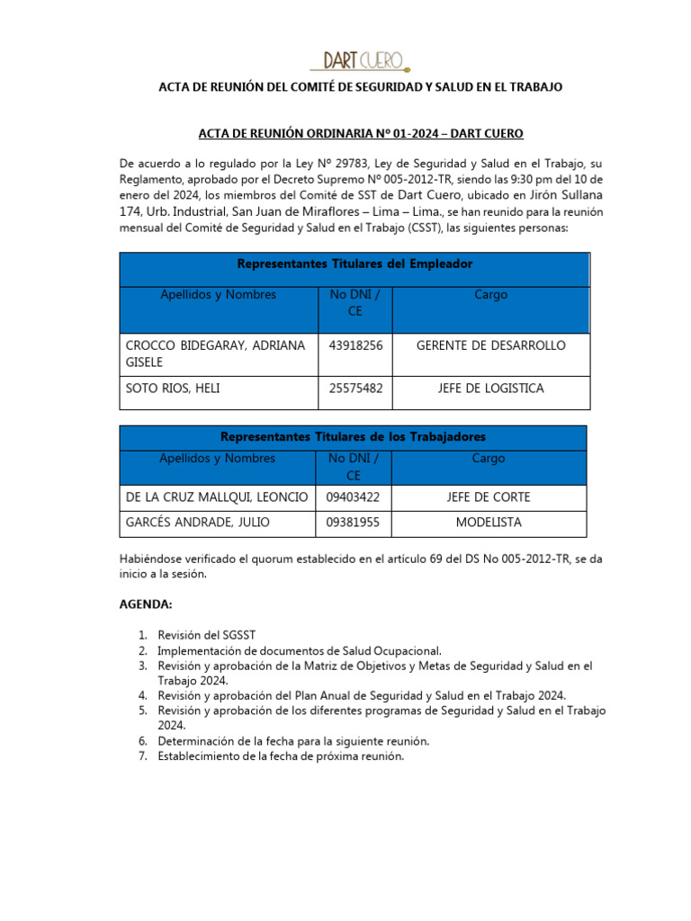 ACTA N°01 Reunión de CSST Ene 2024 | PDF | Gobierno