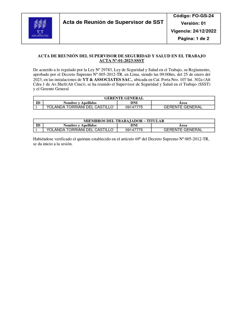 ENERO - Acta de Reunión Del Supervisor de SST | PDF | Gobierno