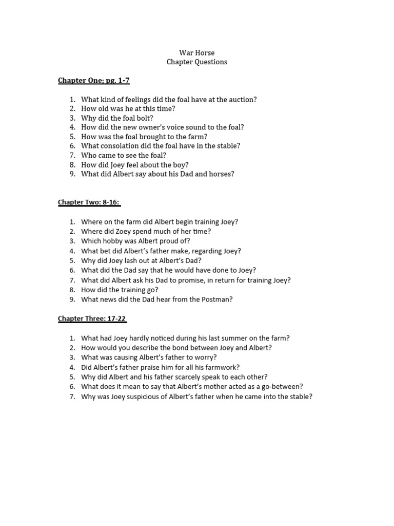 War Horse Chapter Questions Guide | PDF | Sports & Recreation
