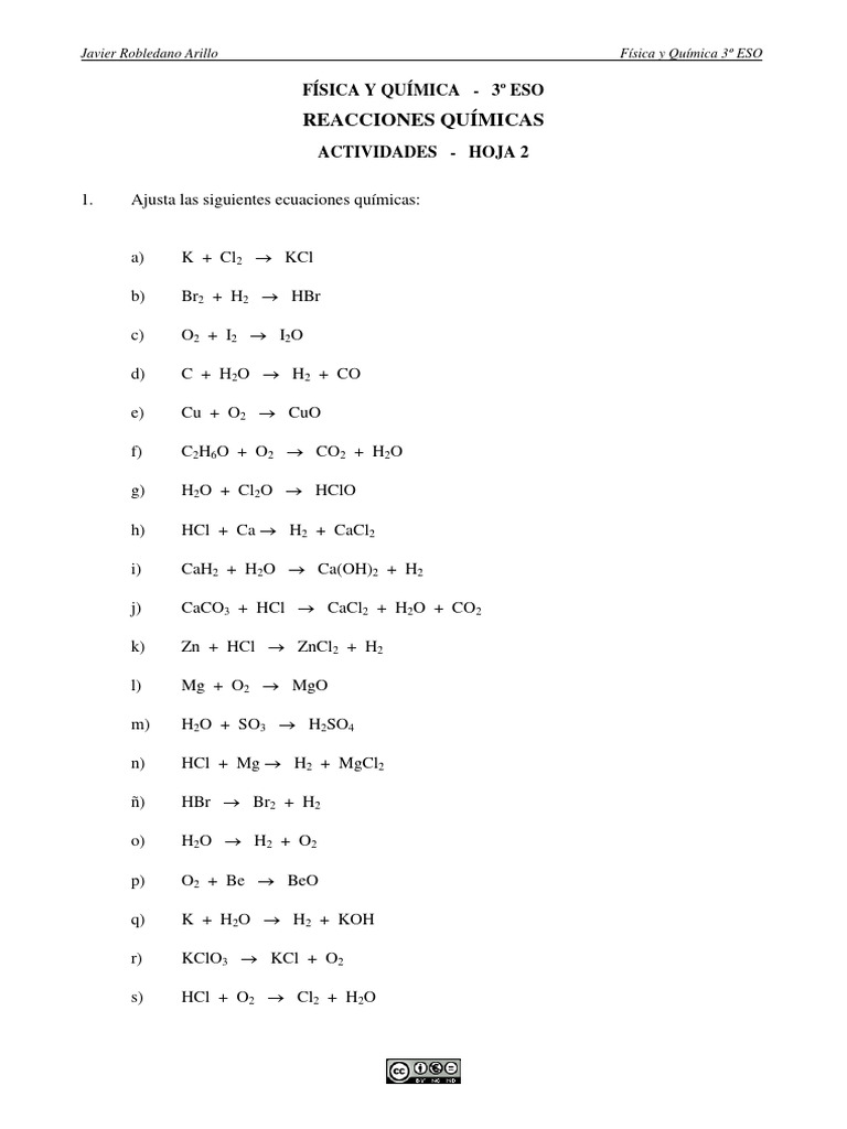 20 Ejercicios de Ajustes de Ecuaciones Quimicas 3 ESO | PDF 20 Ejercicios de Ajustes de Ecuaciones Quimicas 3 ESO | PDF