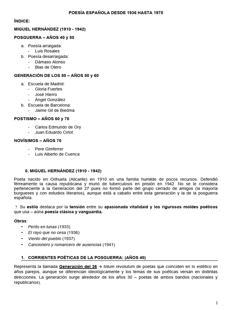 POESÍA ESPAÑOLA DESDE 1936 HASTA 1975. Apuntes | PDF | Poesía ...