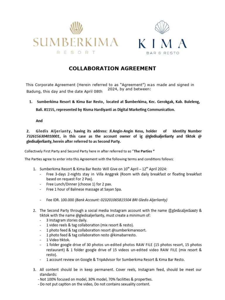 Collaboration Agreement Sumberkima Resort & Kima Bar Resto - Gledis 10 ...