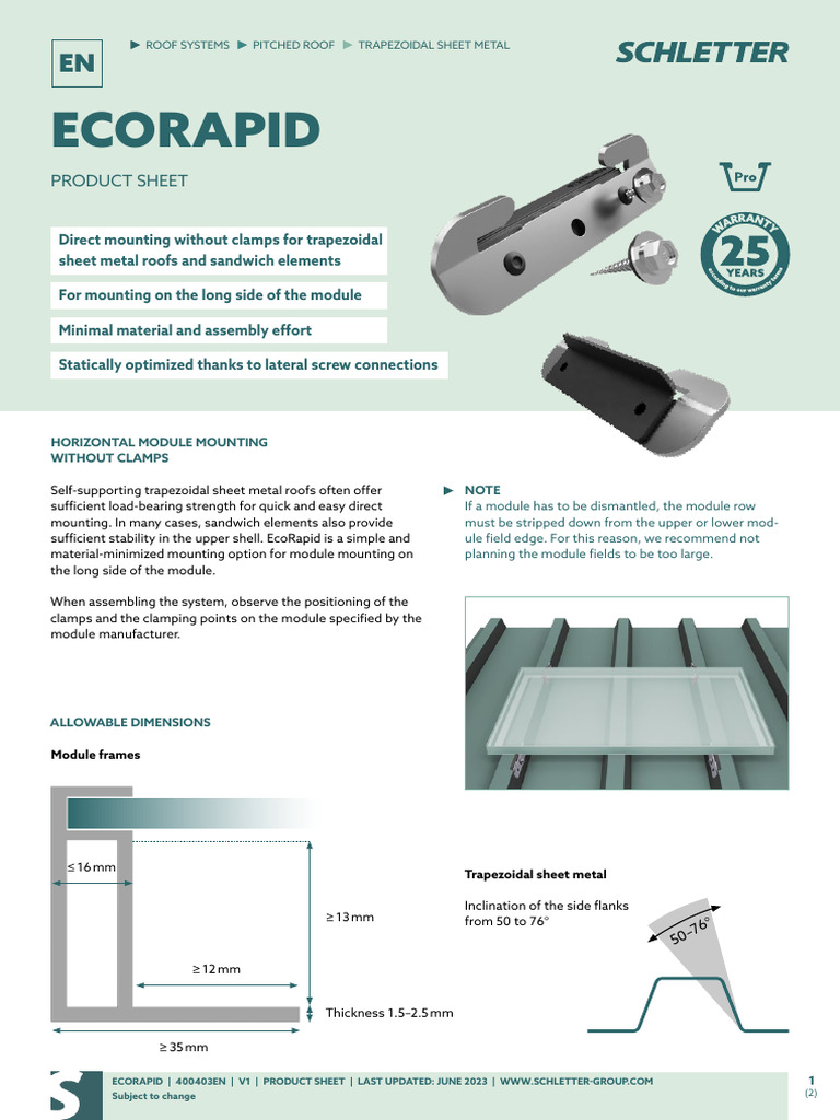 Schletter Product - Sheets Roof - Systems EcoRapid | PDF | Sheet Metal | Roof