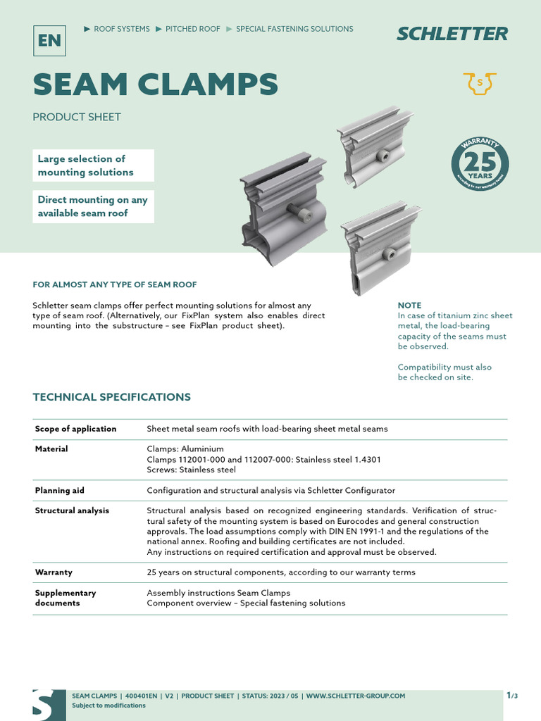 Schletter-Product Sheets-Roof Systems-Seam Clamps | PDF | Roof | Sheet ...