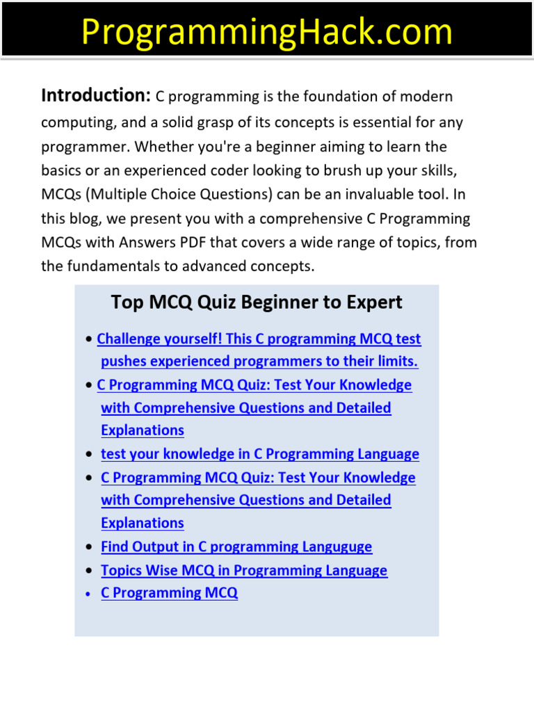 Est Your C Programming Skills: Download Your Free C MCQ PDF! | PDF | Pointer (Computer ...
