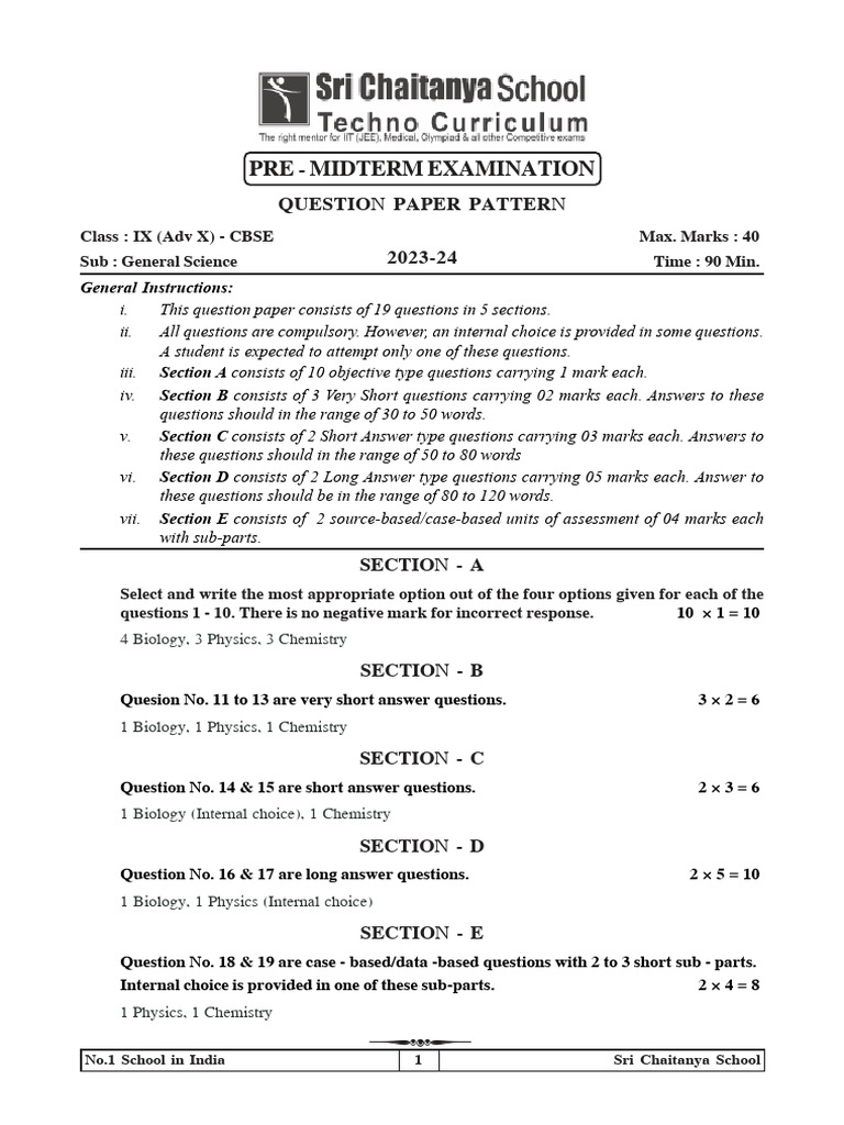 CBSE - IX (Adv X) Class General Science Pre Midterm Examination QP Pattern | PDF