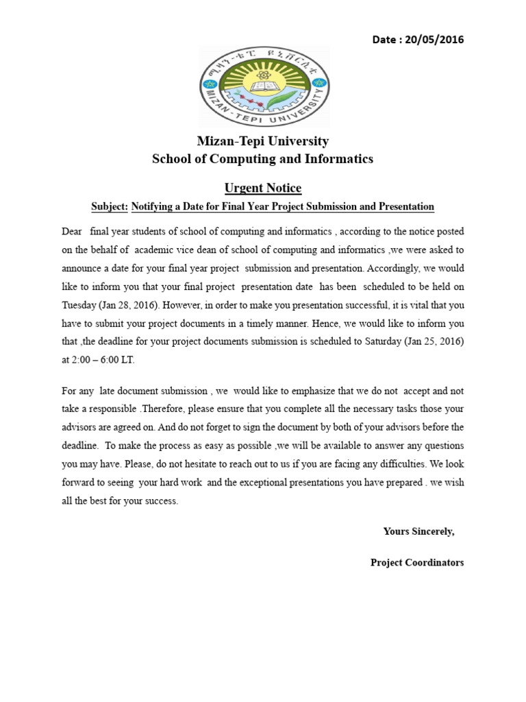 Final Year Project Submission Notice | PDF