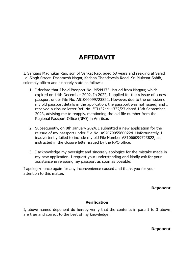 SM Rao - Passport - Affidavit | PDF