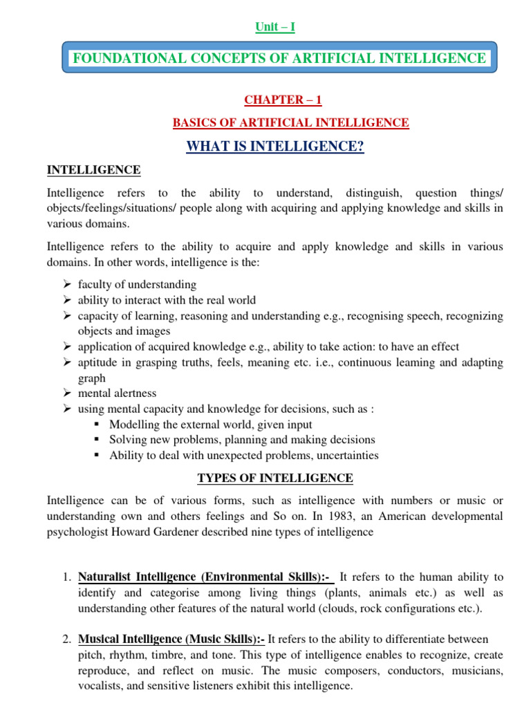 Unit - I Foundational Concept of AI | PDF | Machine Learning | Artificial Intelligence