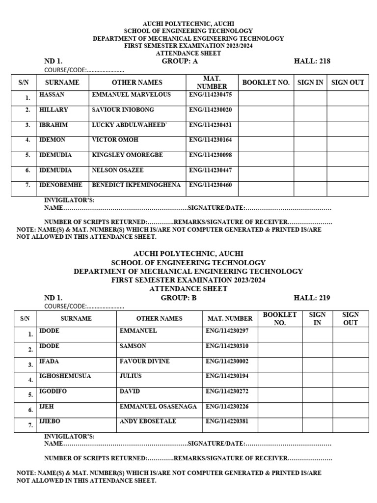 Attendance ND 1 2024 1ST Sem | PDF | Engineering | Physical Sciences