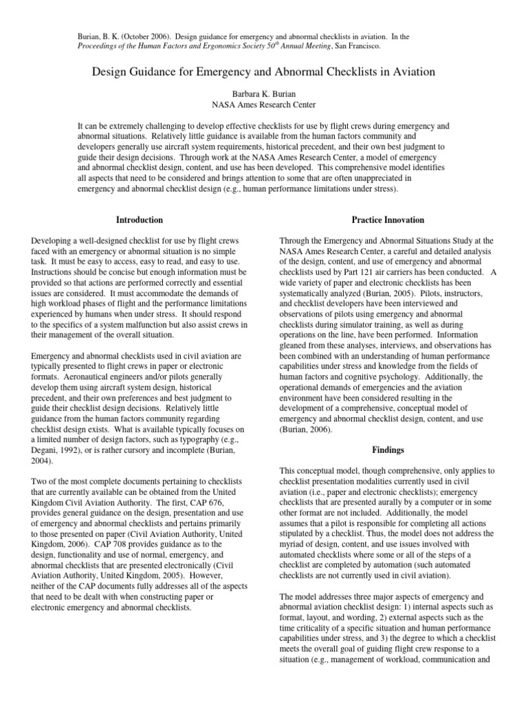 Design Guidance For Emergency and Abnormal Checklists in Aviation | Download Free PDF ...