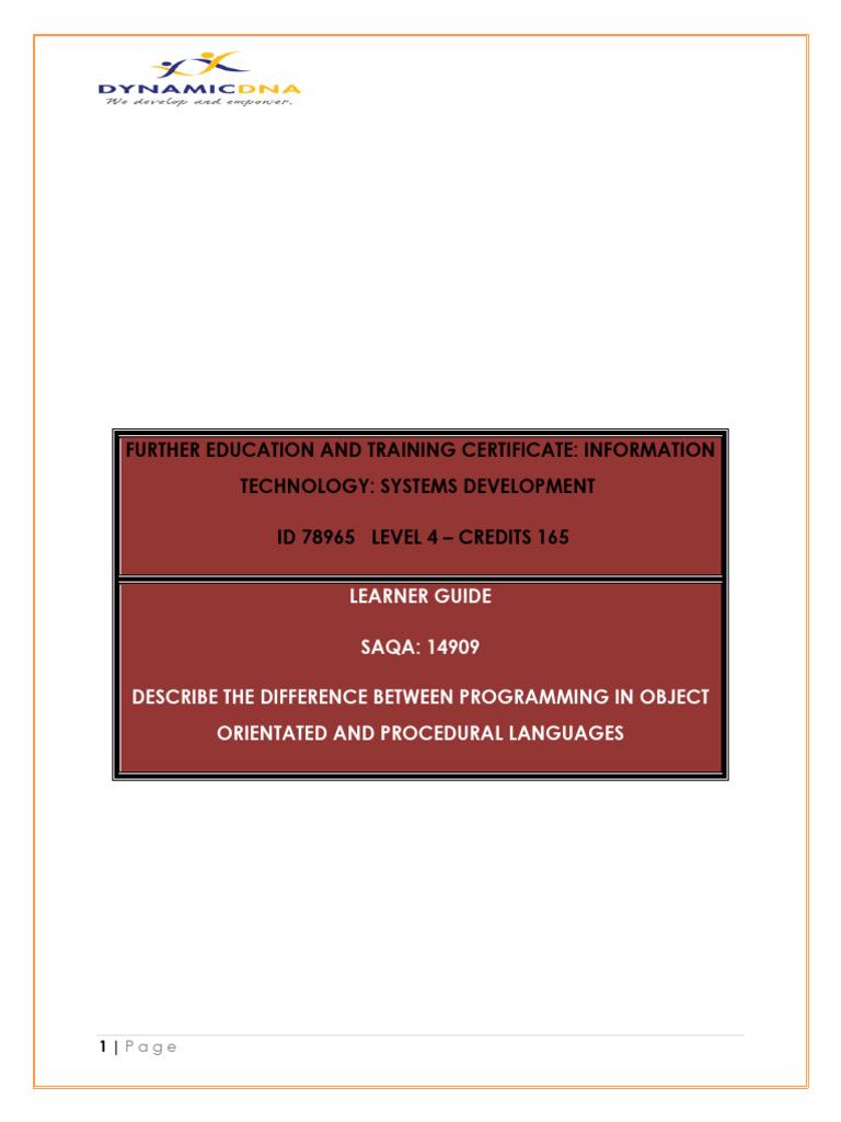 Saqa 14909 Learner Guide Pdf Class Computer Programming Object Oriented Programming
