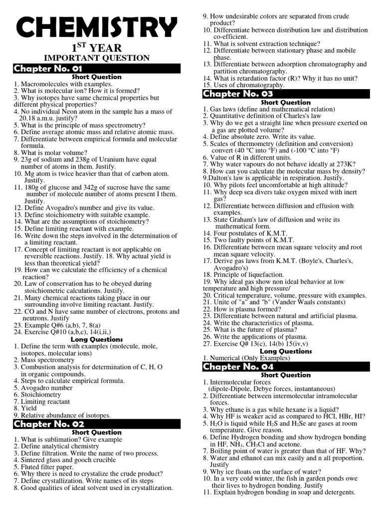 CHEMISTRY 1st Most Important Question | PDF | Chemical Bond | Reaction Rate