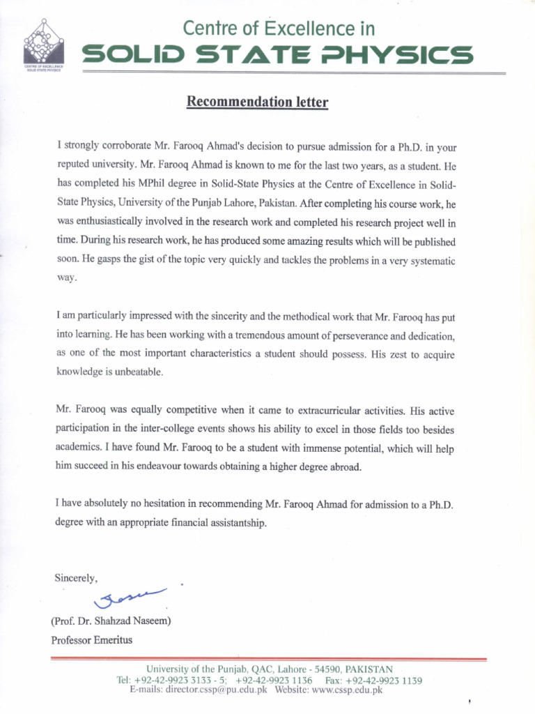 Farooq Ahmad. Recommendation Letter | PDF