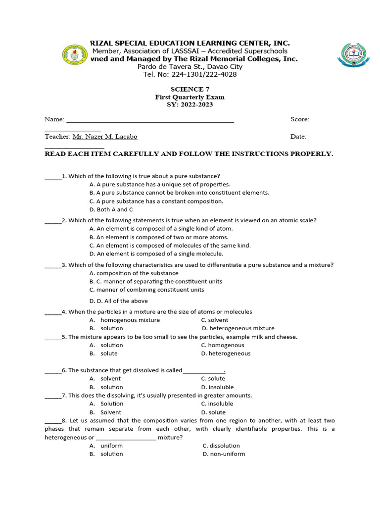 Grade 7 First Quarter Exam | PDF | Mixture | Solubility