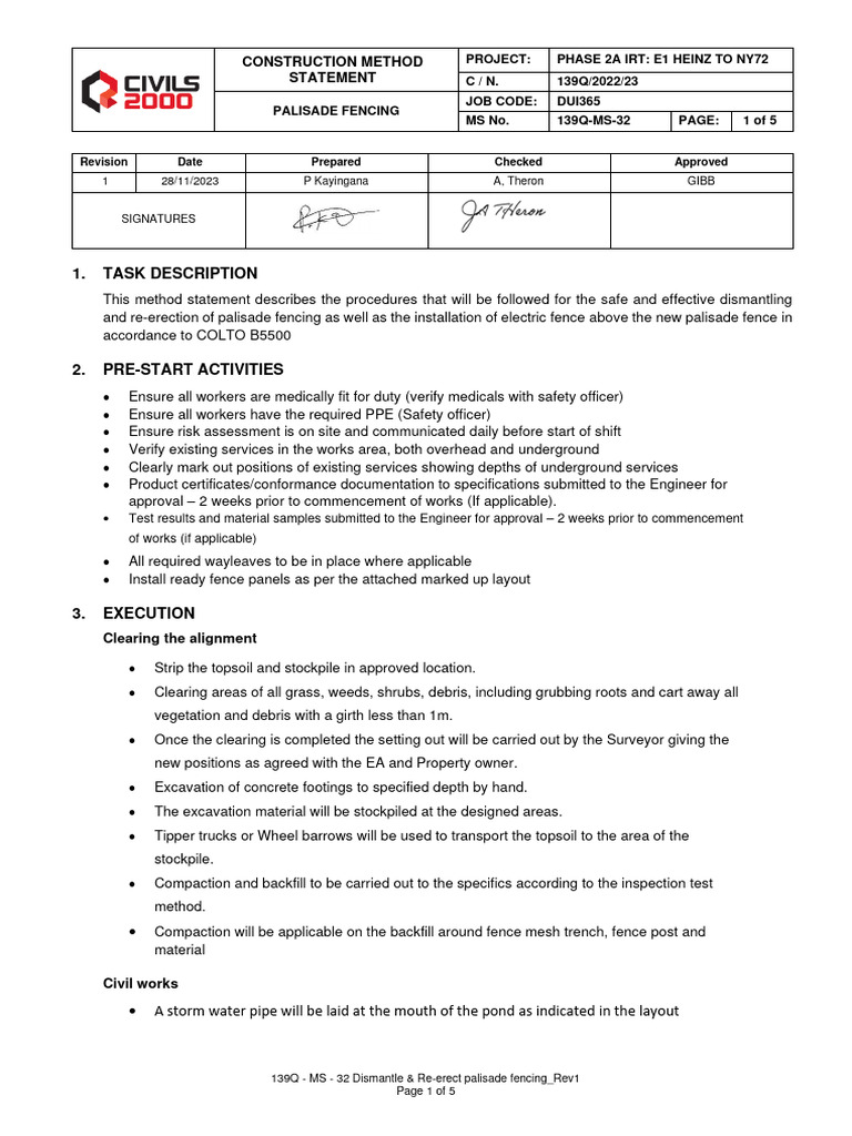 139Q - MS - 32 Dismantle & Re-Erect Palisade Fencing - Rev1 | PDF | Screw