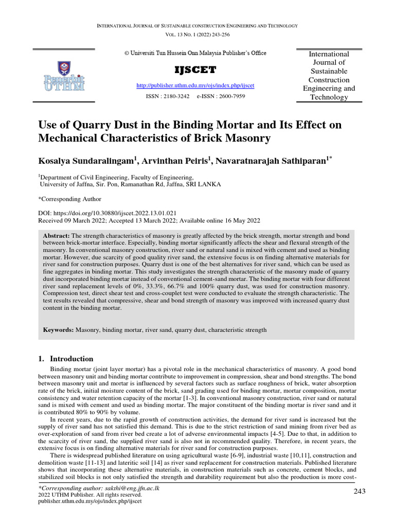 Use of Quarry Dust in The Binding Mortar and Its Effect On Mechanical ...