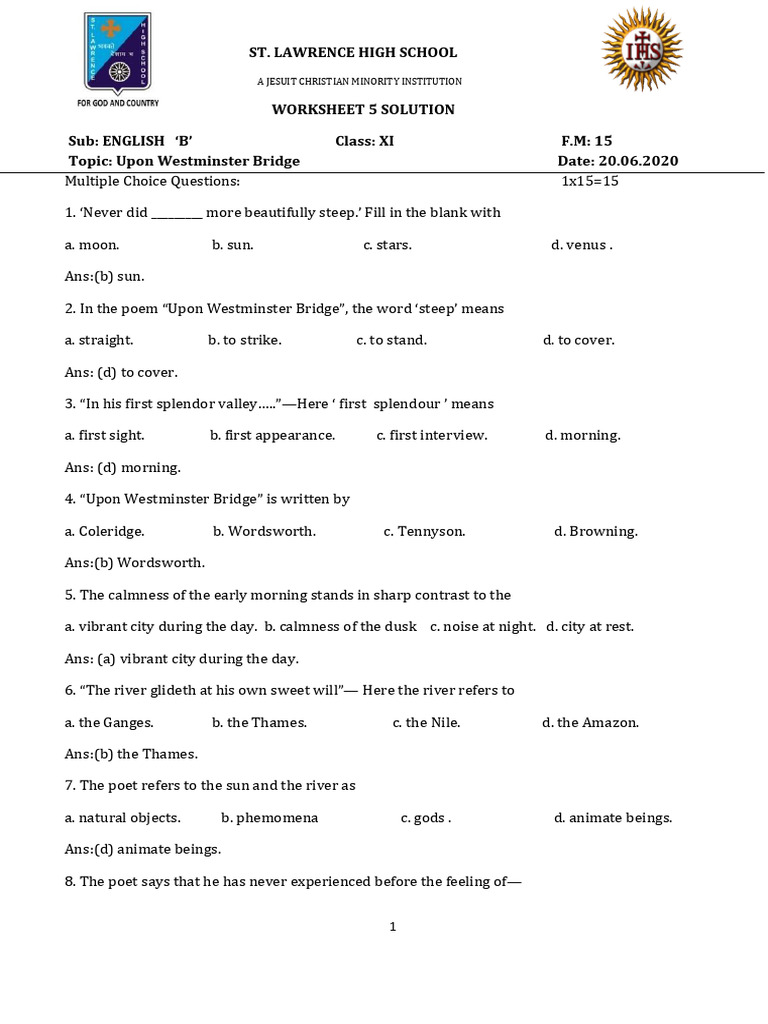 Upon Westminster Bridge MCQ | PDF | Poetry | Poems