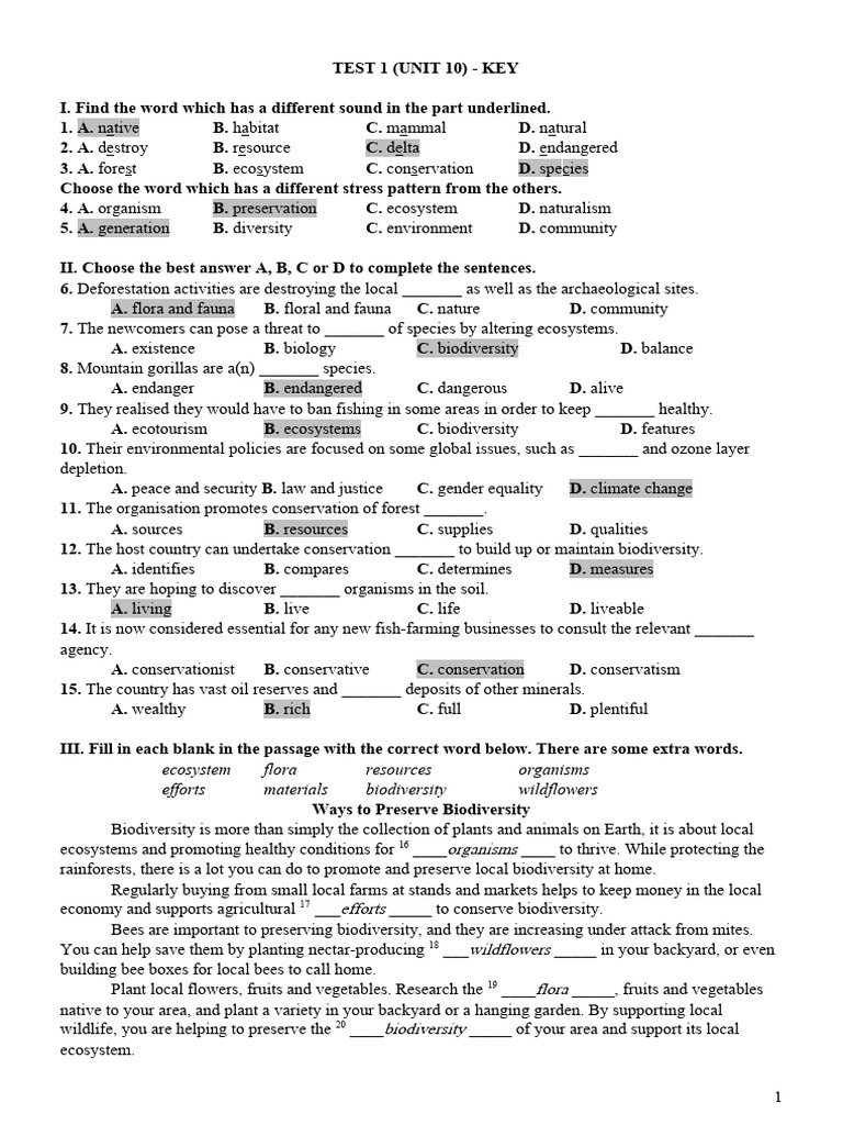 Unit 10 - Test 1 - Key | PDF | Conservation Biology | Biodiversity