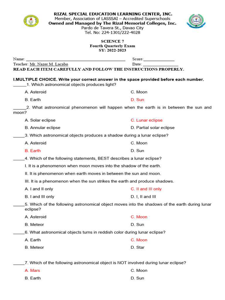 Grade 7 Science-4th Quarter - LACABO | PDF | Solar Eclipse | Moon