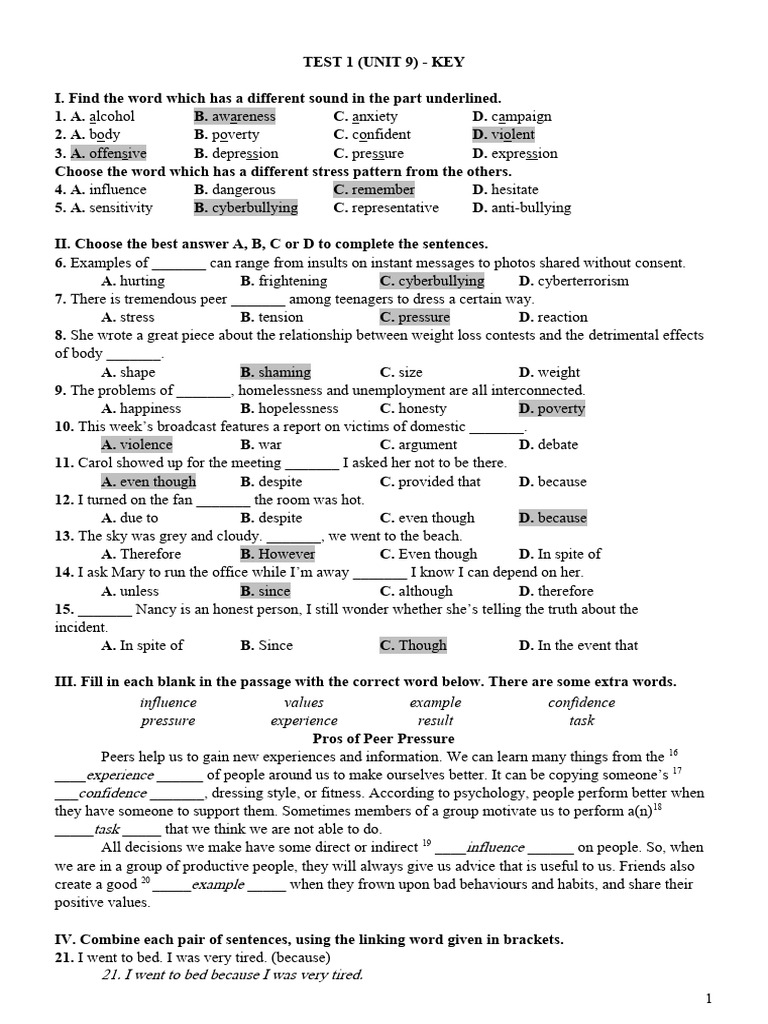 Unit 9 - Test 1 - Key | PDF | Cyberbullying | Bullying