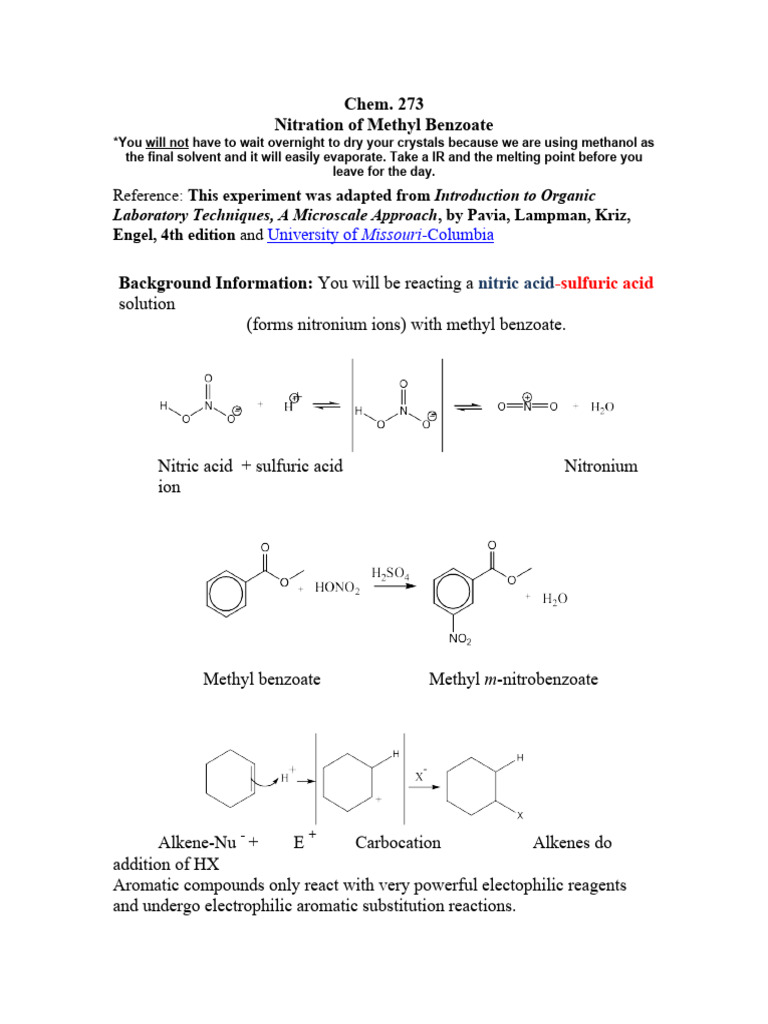 Chem. 273 Nitration of Methyl Benzoate: Reference: This Experiment Was Adapted From Introduction ...