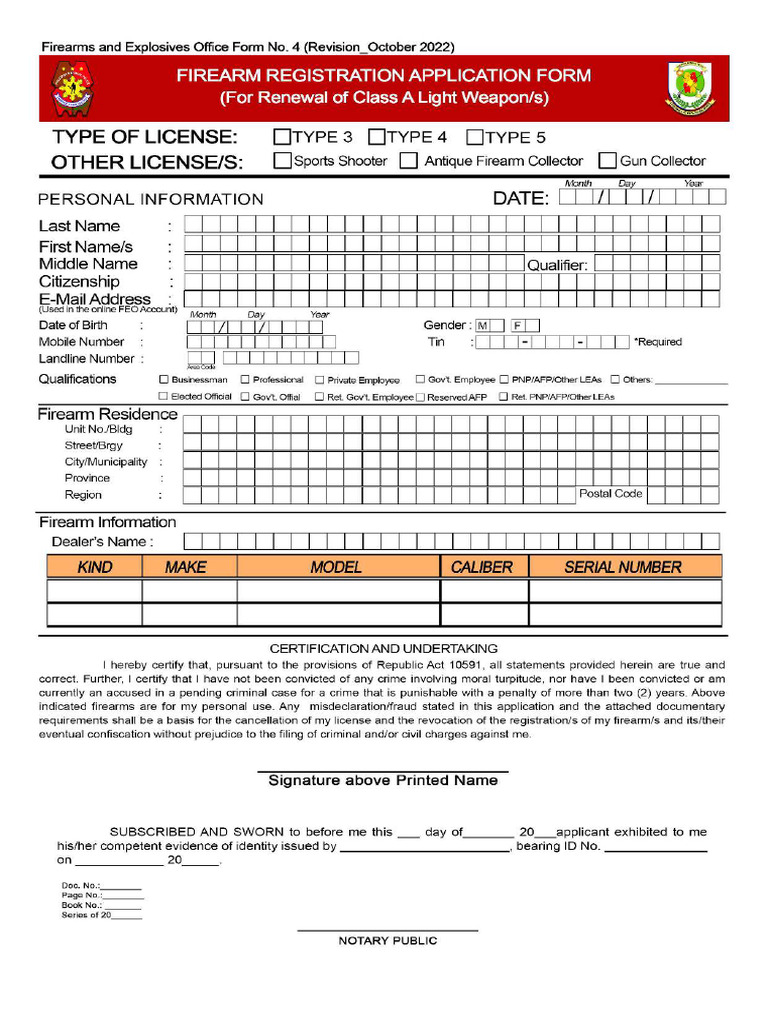Fa Registration Renewal of Class a Light Weapons No Asignatory | PDF
