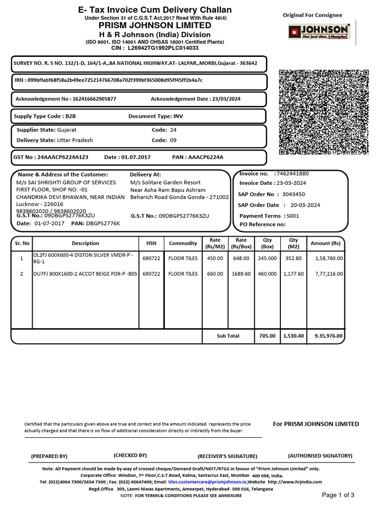 H & R Johnson (India) Division: CIN: L26942TG1992PLC014033 | PDF | Invoice | Cheque