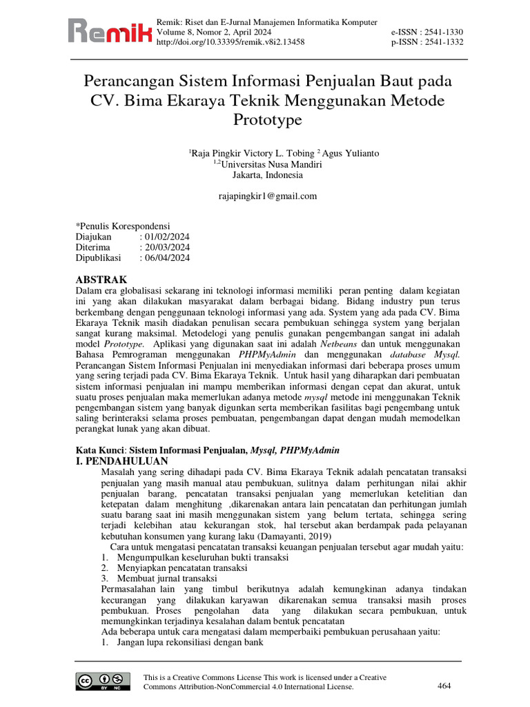 Perancangan Sistem Penjualan Baut Pada CV. Bima Ekaraya Teknik ...