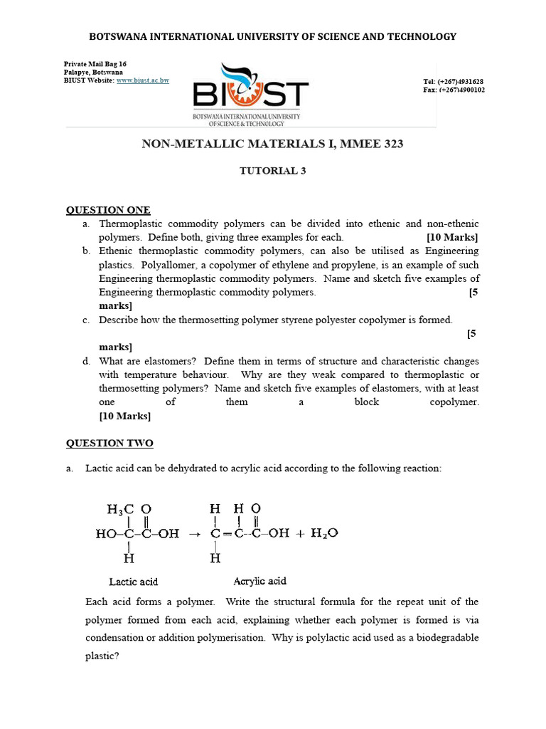 MMEE 323 Tutorial 3 | PDF | Polymerization | Polymers
