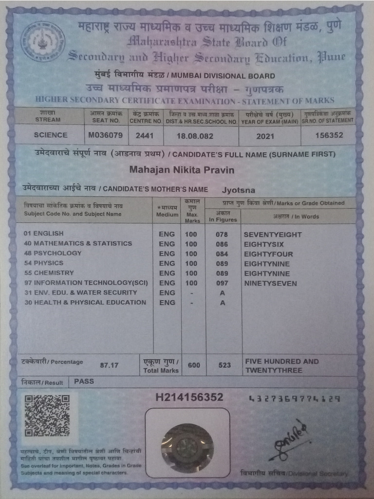 Nikita 12 Marksheet | PDF