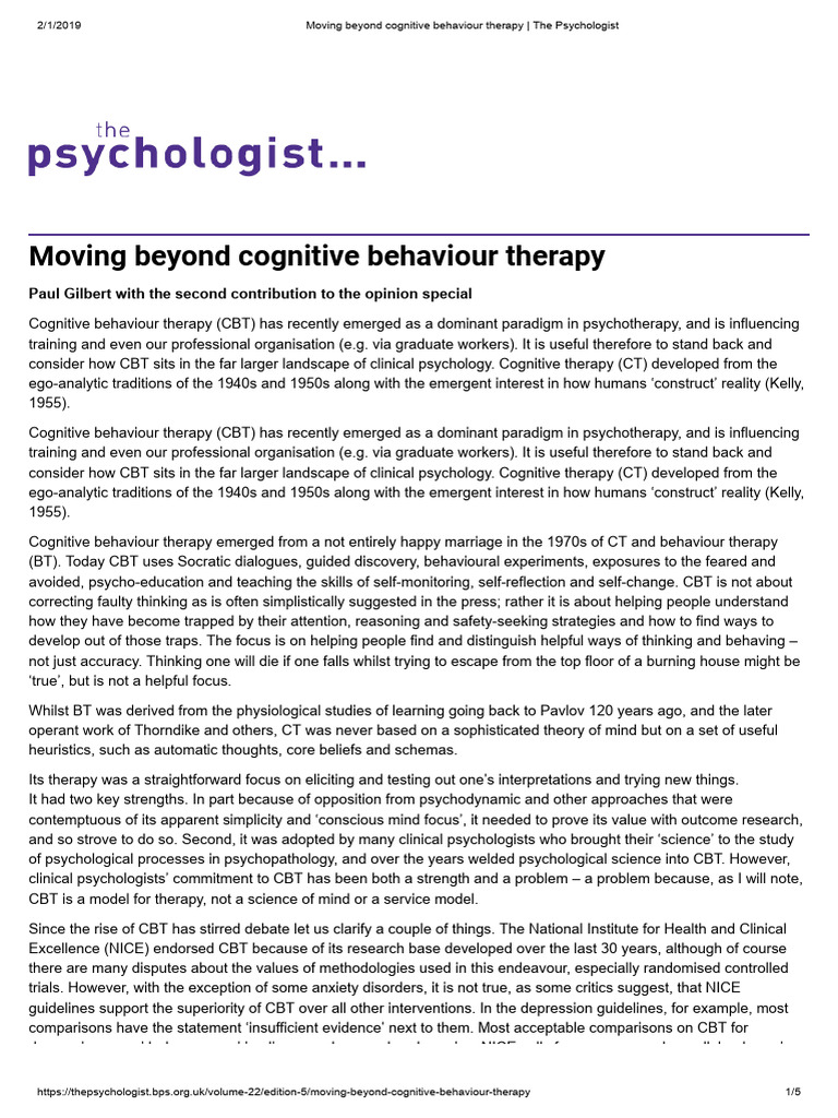 Moving Beyond Cognitive Behaviour Therapy _ the Psychologist | PDF | Cognitive Behavioral ...