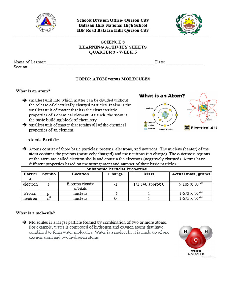 3rd QTR Week 5 LAS With Answer Key | PDF | Atoms | Molecules
