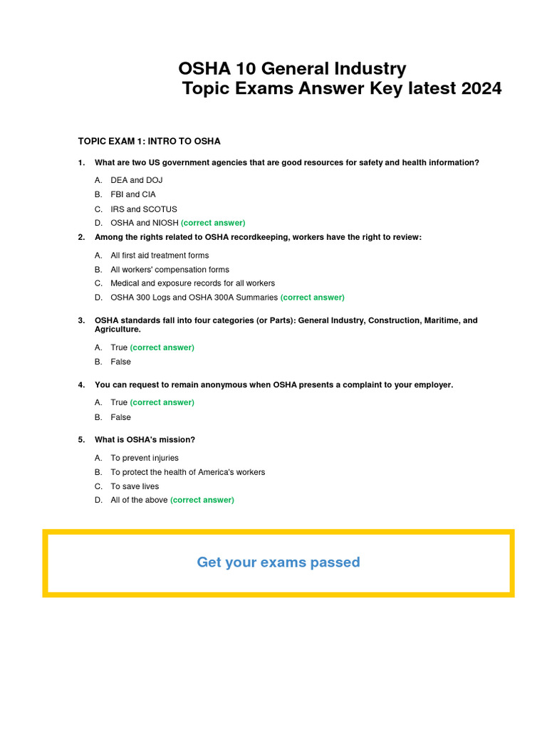 OSHA 10 General Industry Topic Exams Answer Key Latest 2024: Get Your ...
