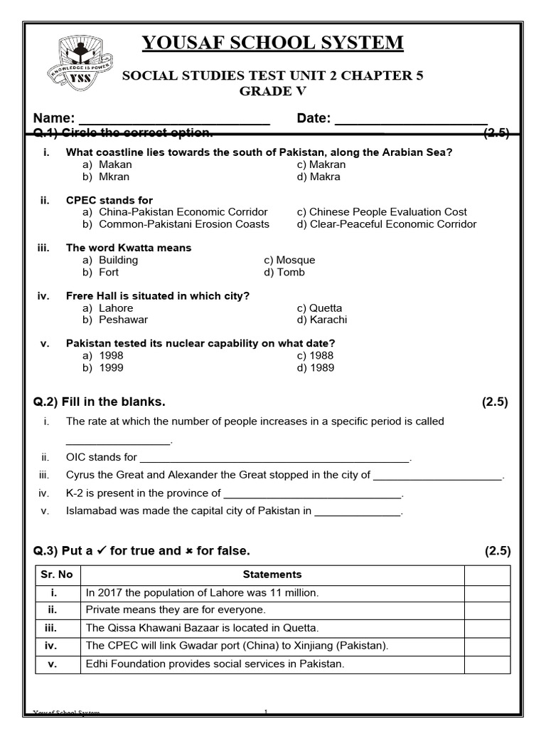 Grade 5 Test Unit 2 Chapter 5 | PDF | Pakistan | Karachi