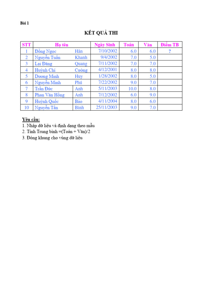 Bai Tap Co Ban Excel | PDF