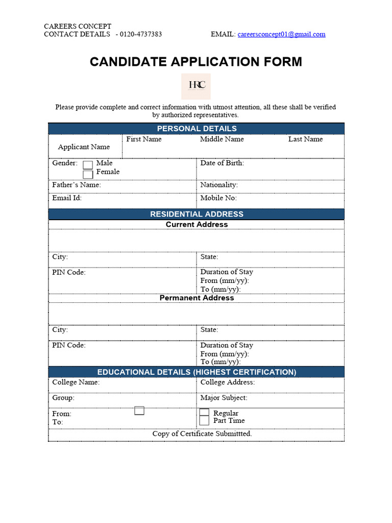 Careers Concept Application Form (Replica) | PDF