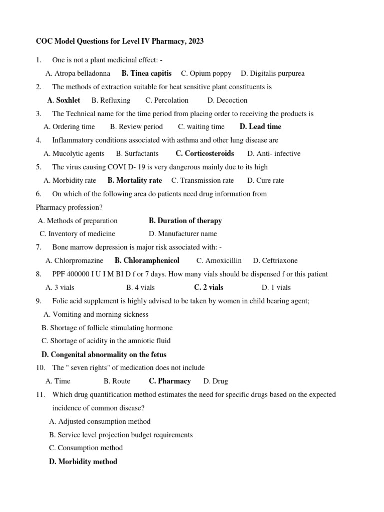 COC Model Questions For Level IV Pharmacy | PDF | Pharmacy | Tuberculosis