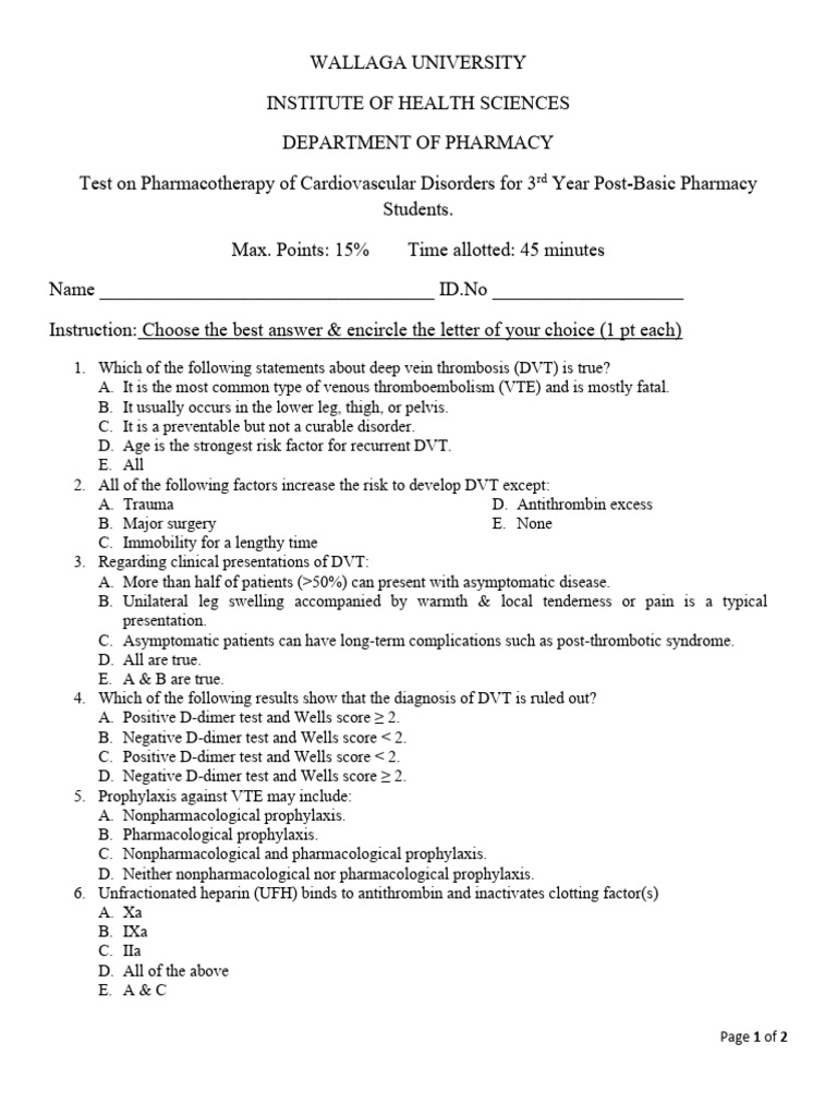 CVD Test - Pharmacy Post-Basic 3rd | PDF | Blood | Hematology